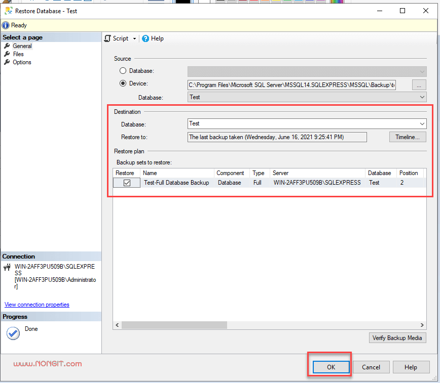 วิธี Restore Database ข้อมูลที่สำรองไว้ใน Microsoft SQL Server - NONGIT.COM