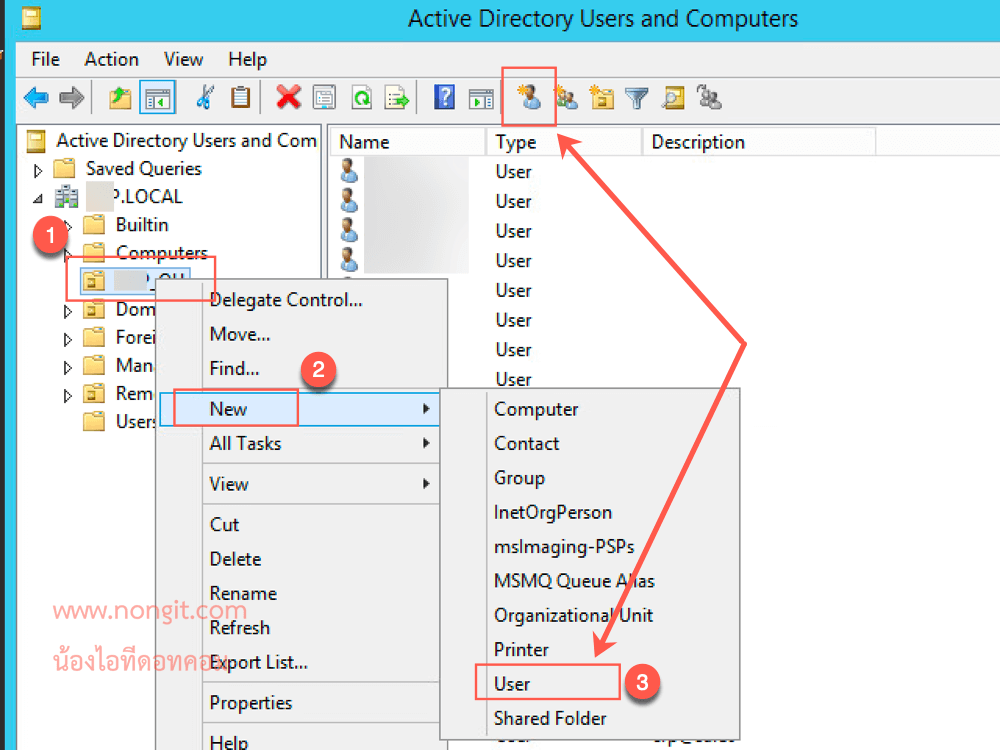 วิธีสร้าง User ใน Active Directory ระบบ Windows Server - NONGIT.COM